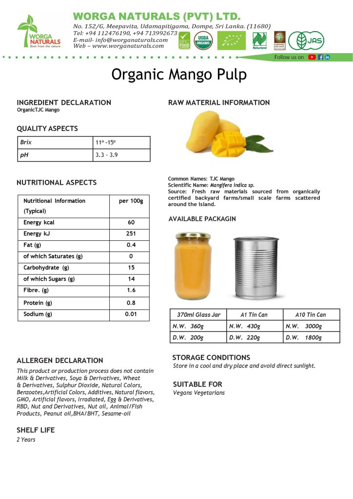 Organic Mango Pulp Worga Naturals